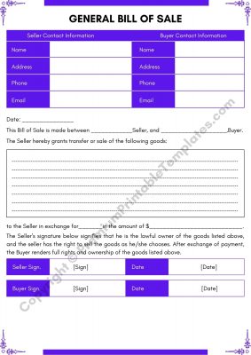 General Bill of Sale Blank Printable PDF, Word