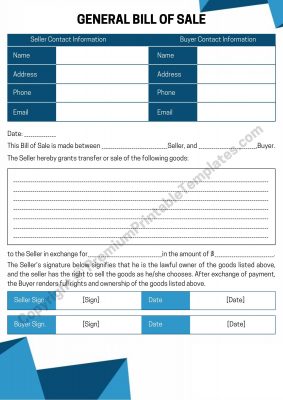 General Bill of Sale Blank Printable PDF, Word