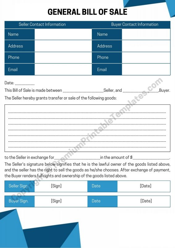 General Bill of Sale Blank Printable PDF, Word