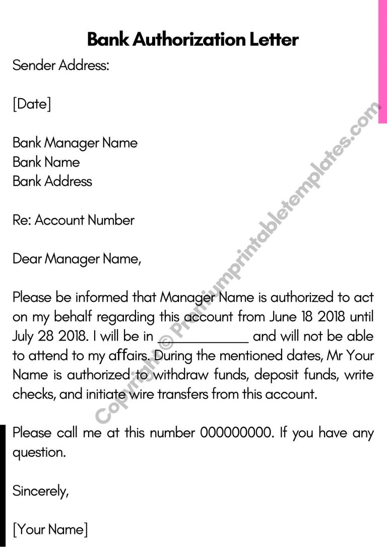Authorization Letter For Bank Blank Printable PDF, Word