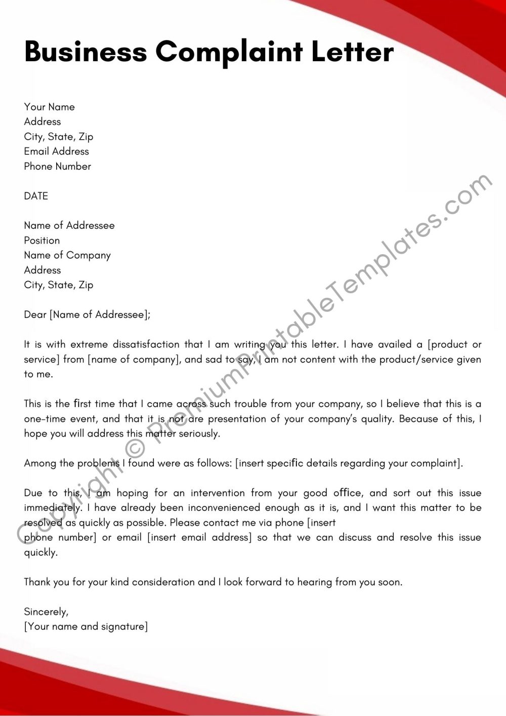 Business Complaint Letter Printable Template [Pack of 5]