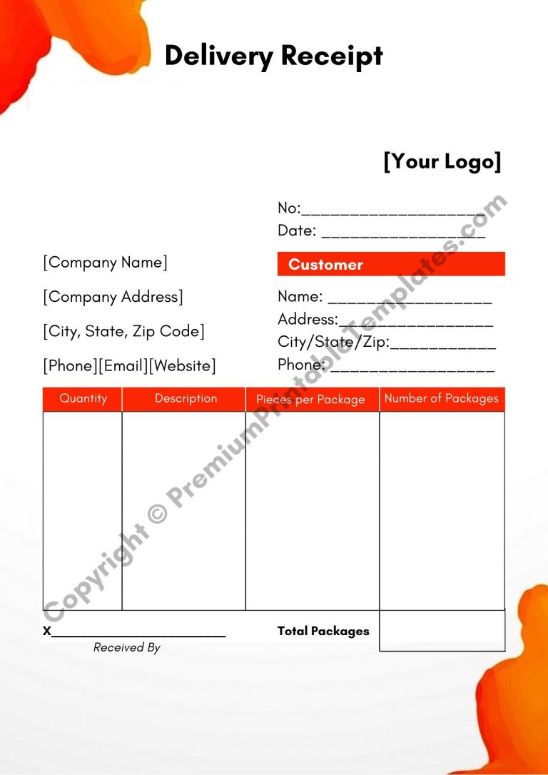 Delivery Receipts Template Blank Printable PDF, Word