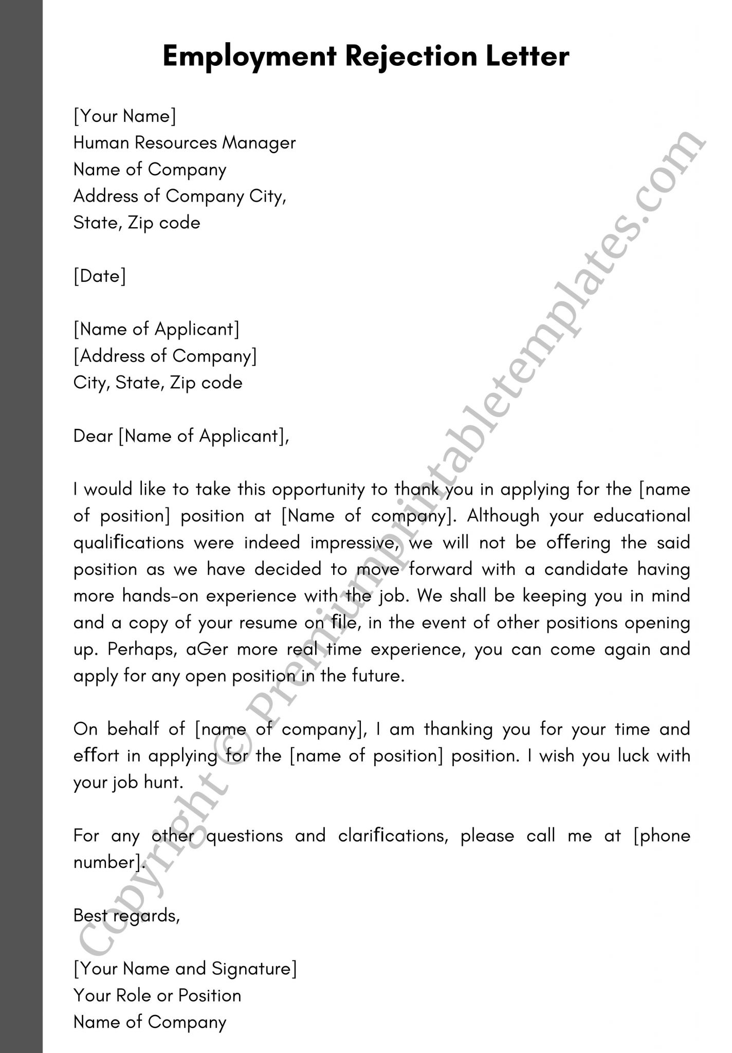 Employment Rejection Letter Sample with Examples