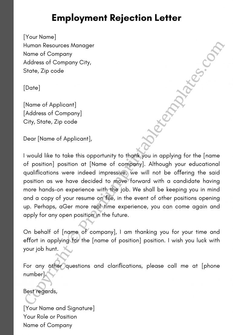 Employment Rejection Letter Sample with Examples
