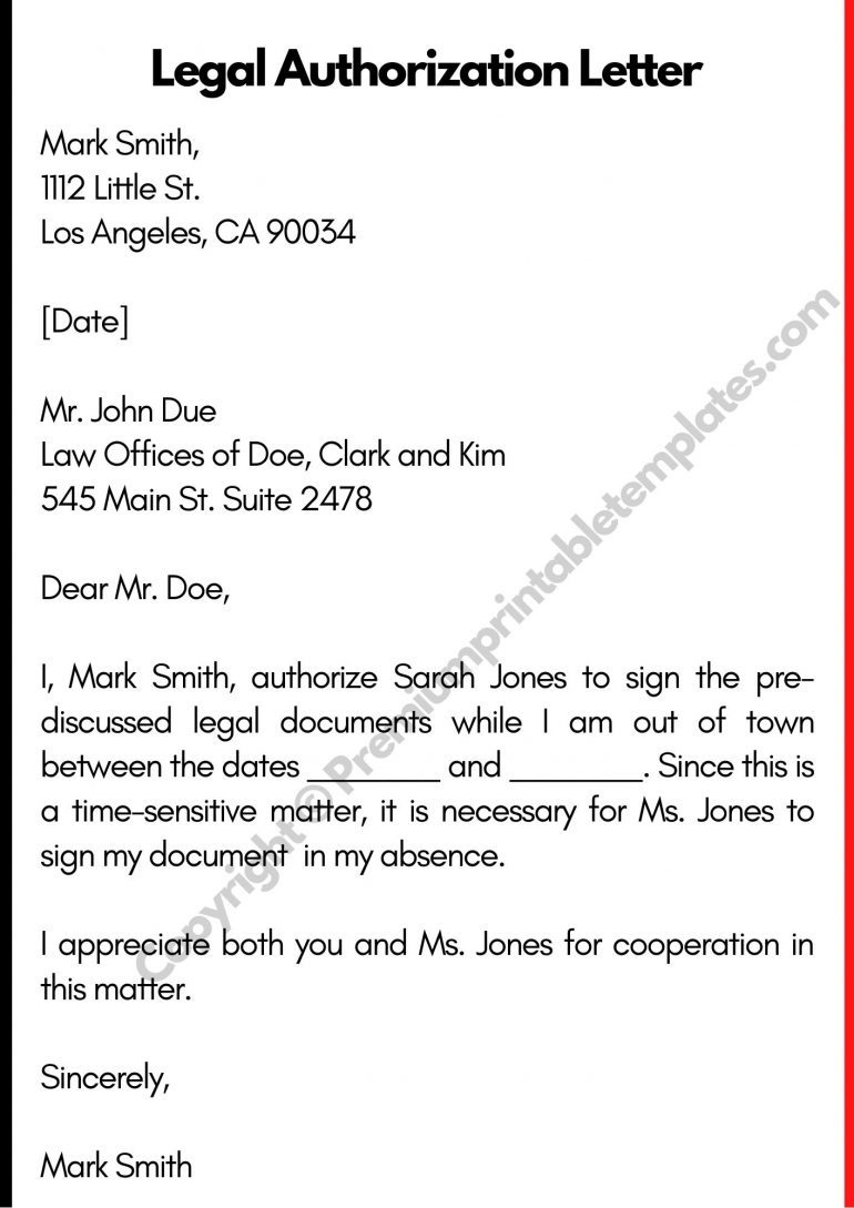 Legal Authorization Letter Template Blank Printable PDF, Word