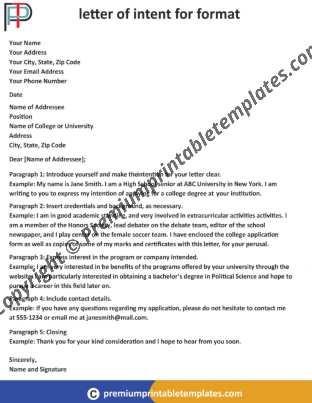 Letter of Intent Format in PDF and Word