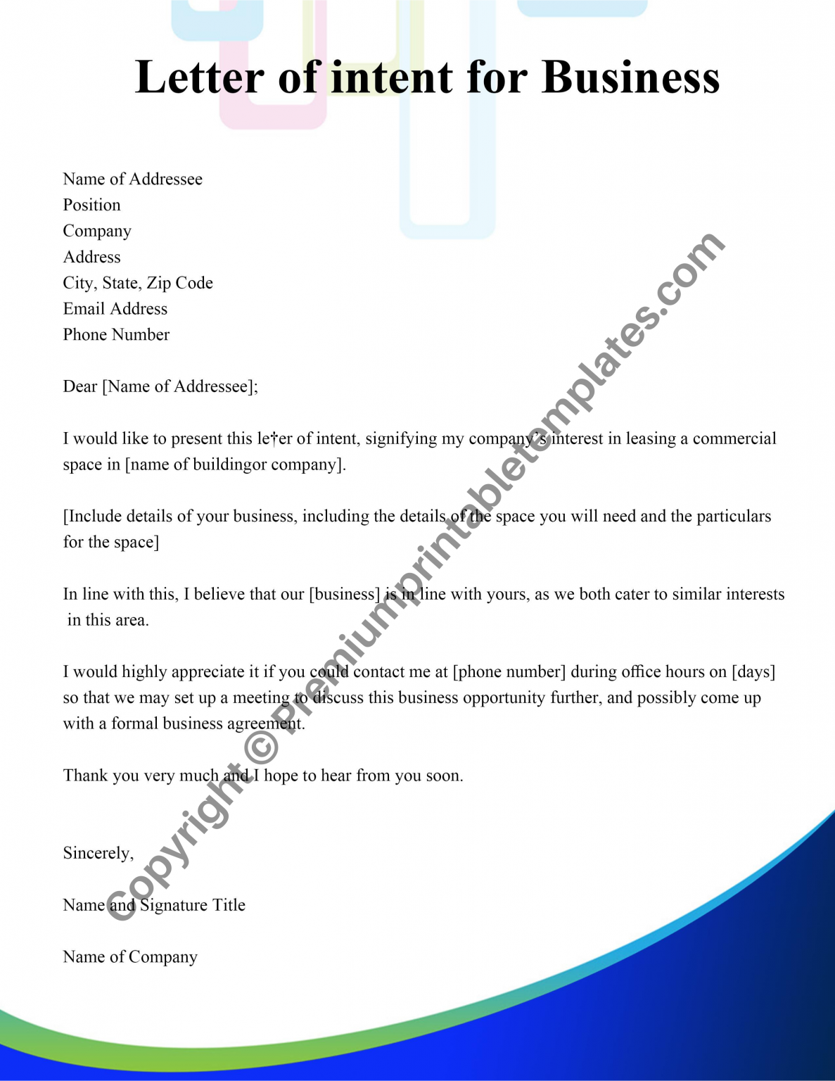 Letter of Intent for Business Blank Printable PDF, Word