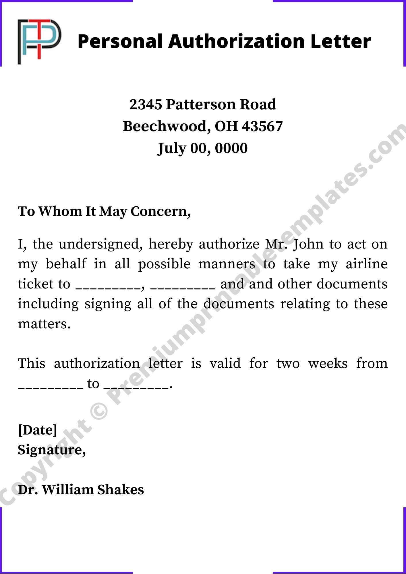 Personal Authorization Letter Template Pack Of 5 