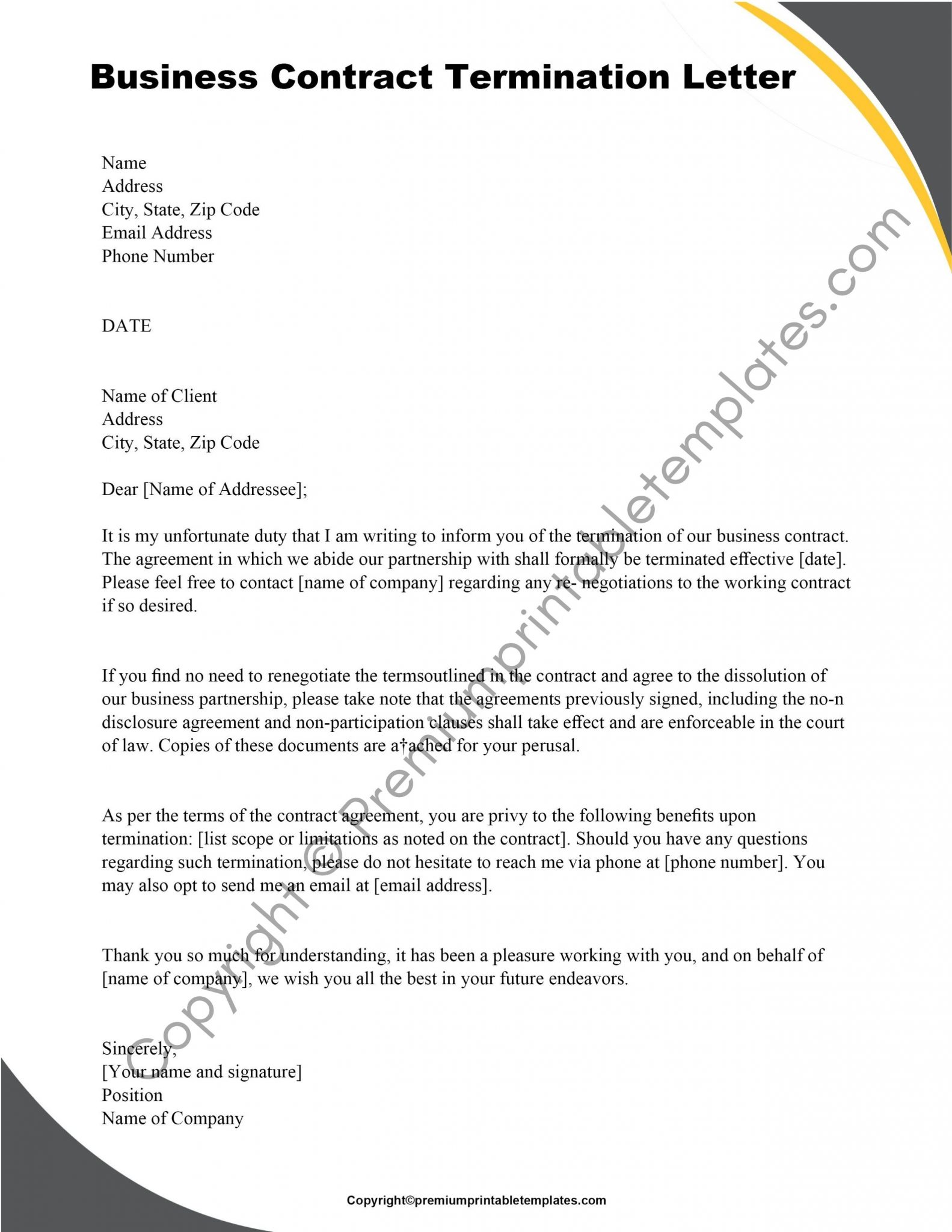 Business Contract Termination Letter [Pack of 5]