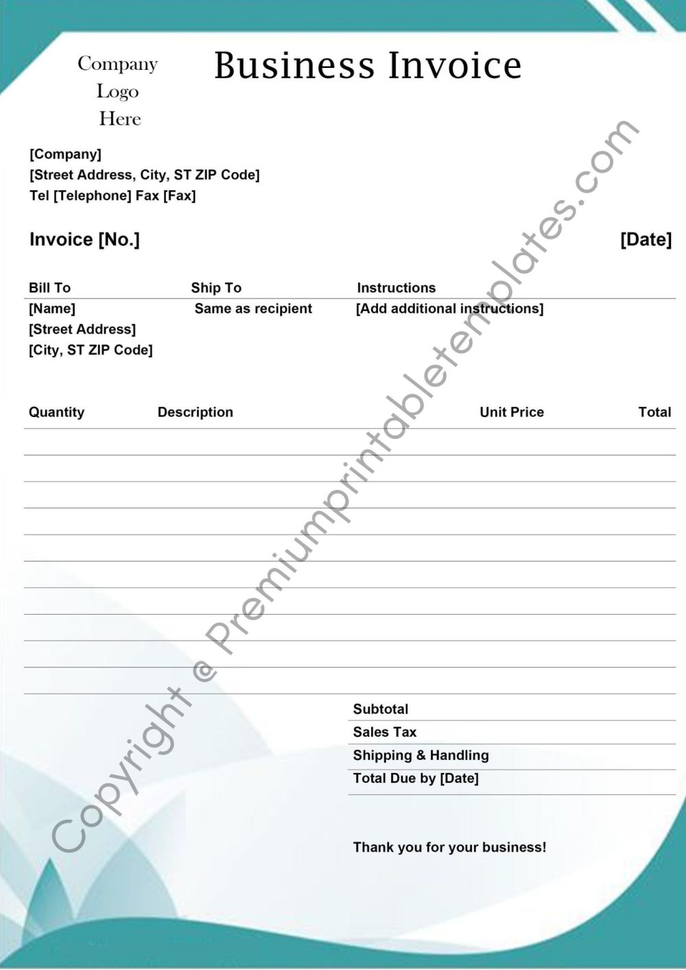 Business Invoice Template Blank Printable PDF, Word
