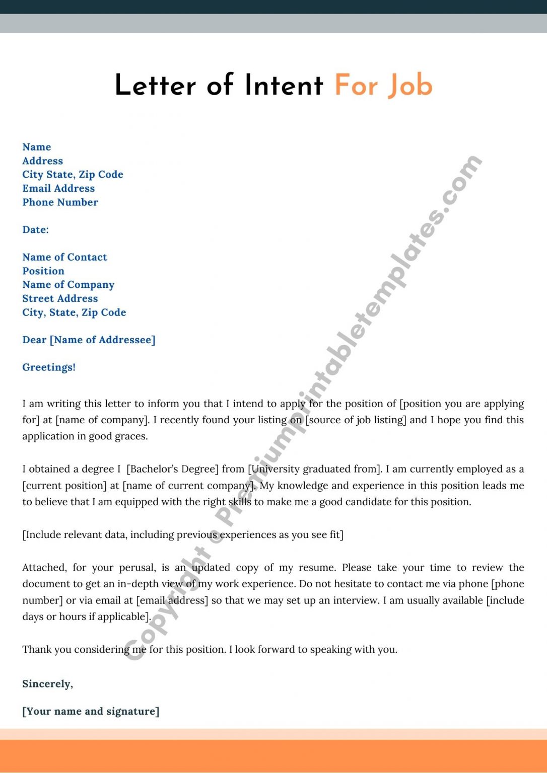 Letter of Intent for a Job Blank Printable PDF, Word