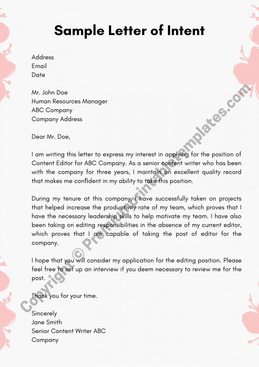 Simple Letter of Intent Blank Printable PDF, Word