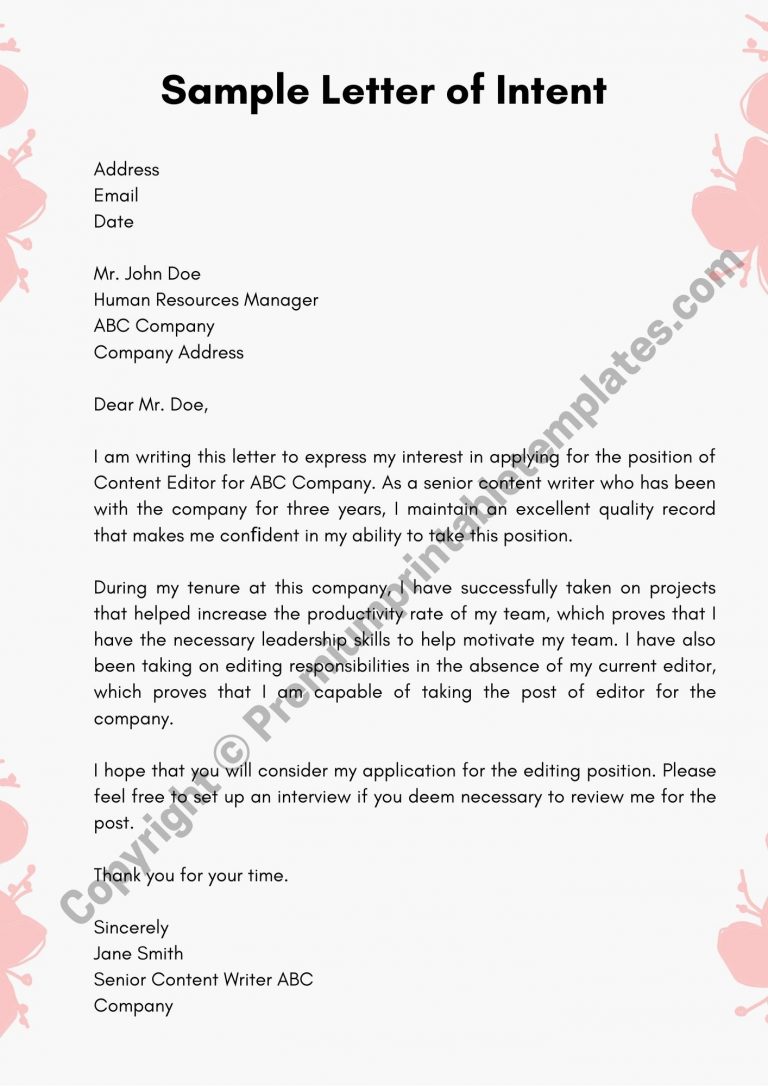 Simple Letter of Intent Blank Printable PDF, Word