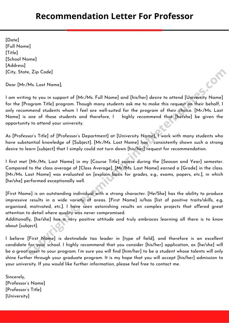 Recommendation Letter from Professor Sample with Examples