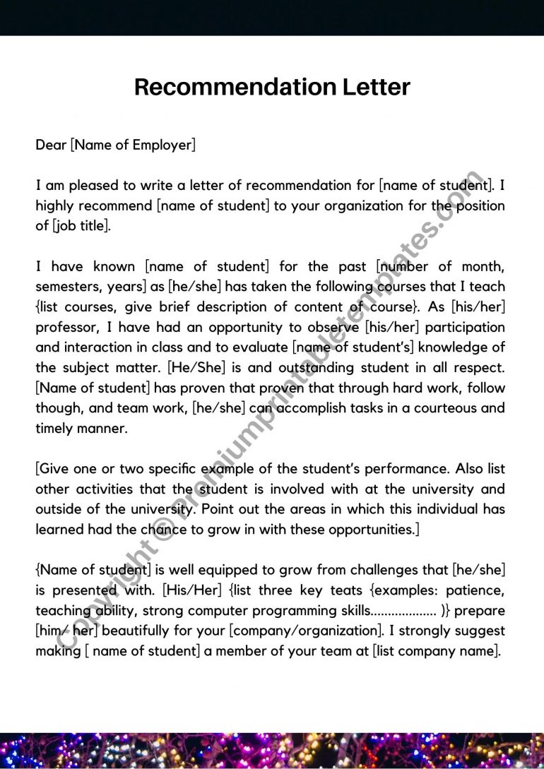 Basic Letter of Recommendation Template Sample with Examples