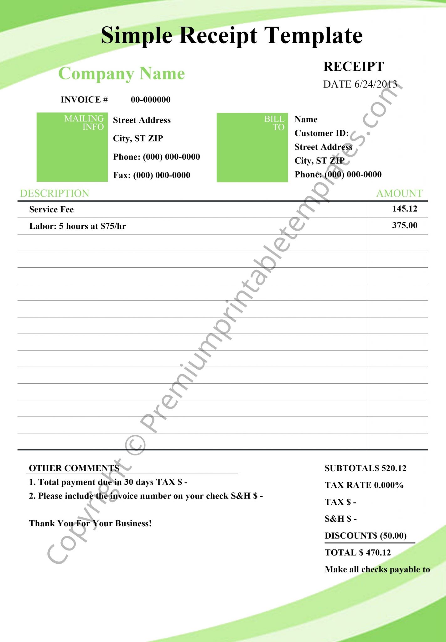 Simple Receipt Template Blank Printable PDF, Word