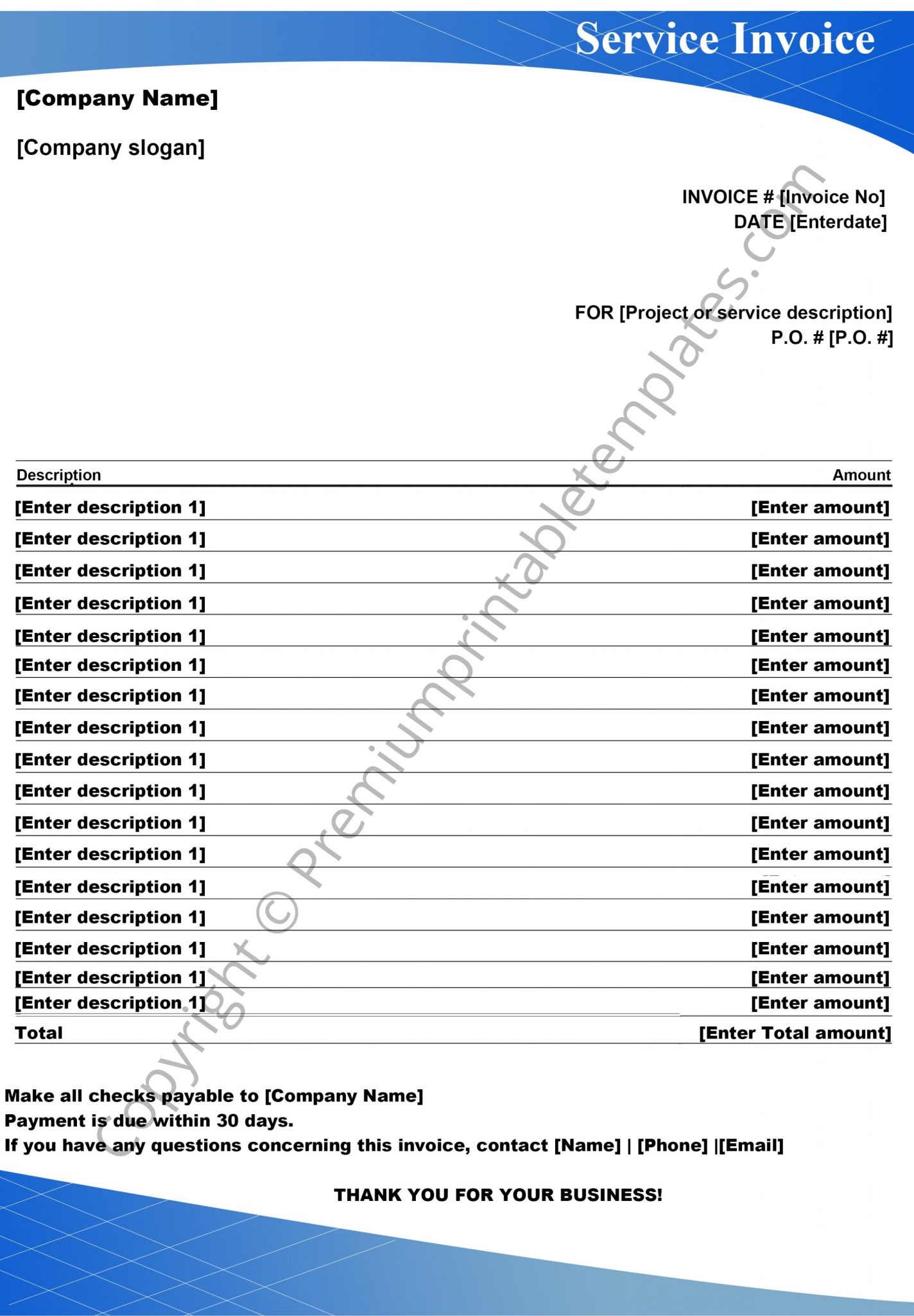 Service Invoice Template Blank Printable PDF, Word