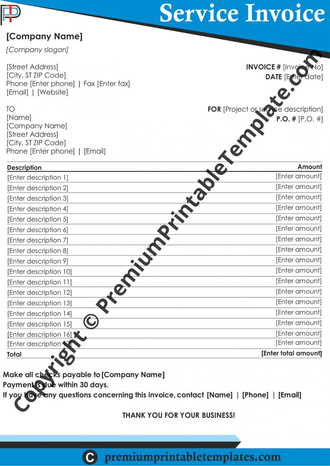 Service Invoice Template Blank Printable PDF, Word