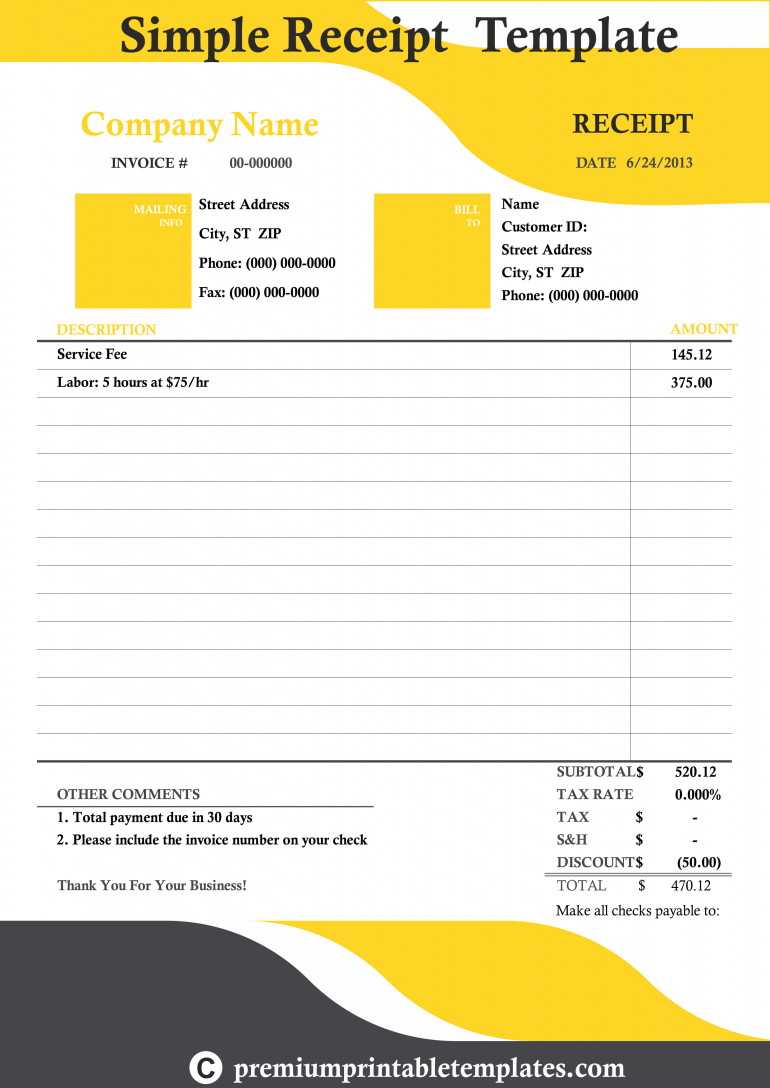 Simple Receipt Template Blank Printable PDF, Word