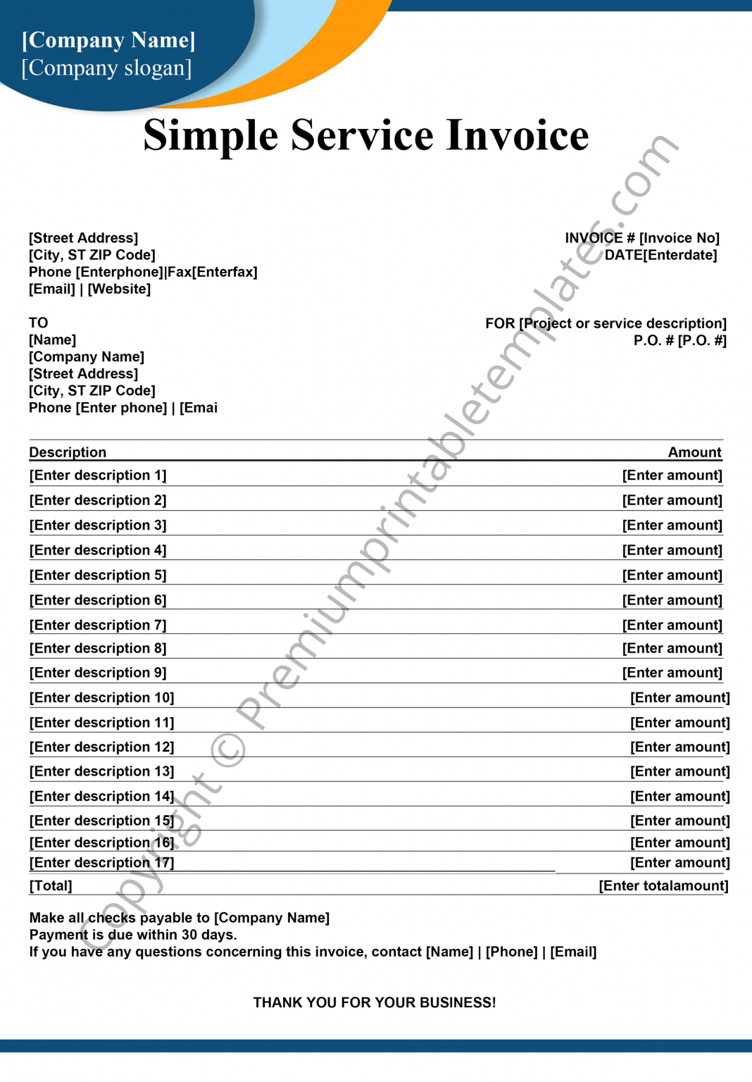 Simple Service Invoice Blank Printable PDF, Word