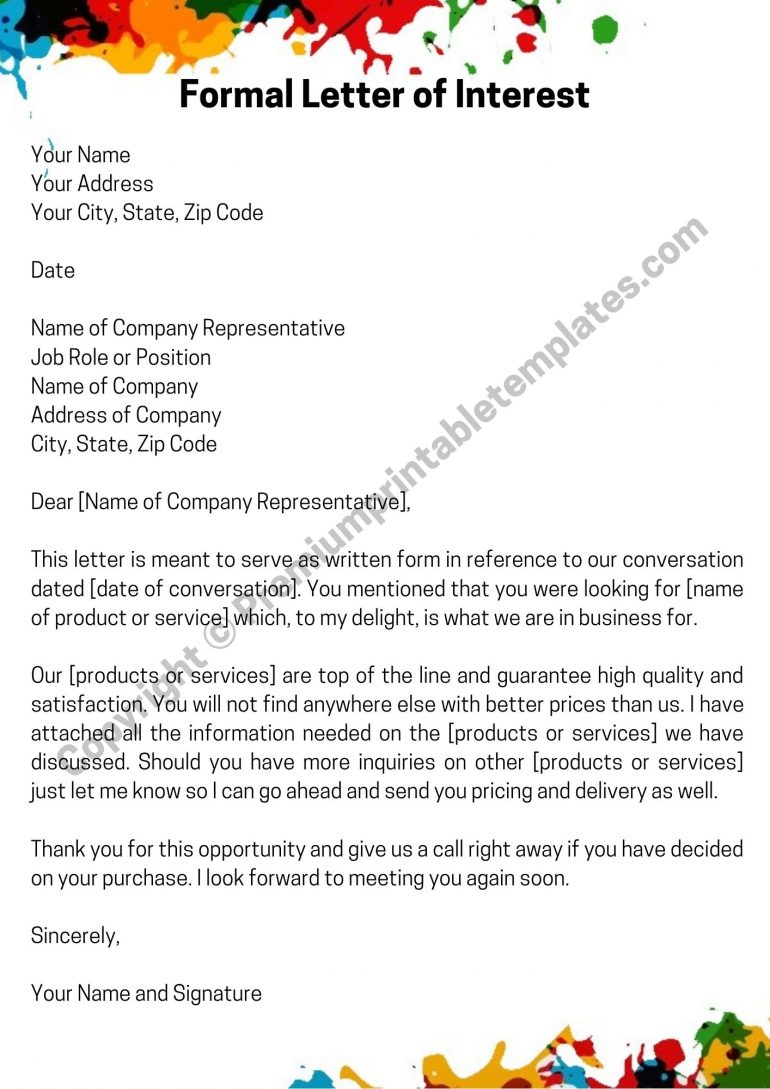 Formal Letter of Interest Printable Template [Pack of 5]