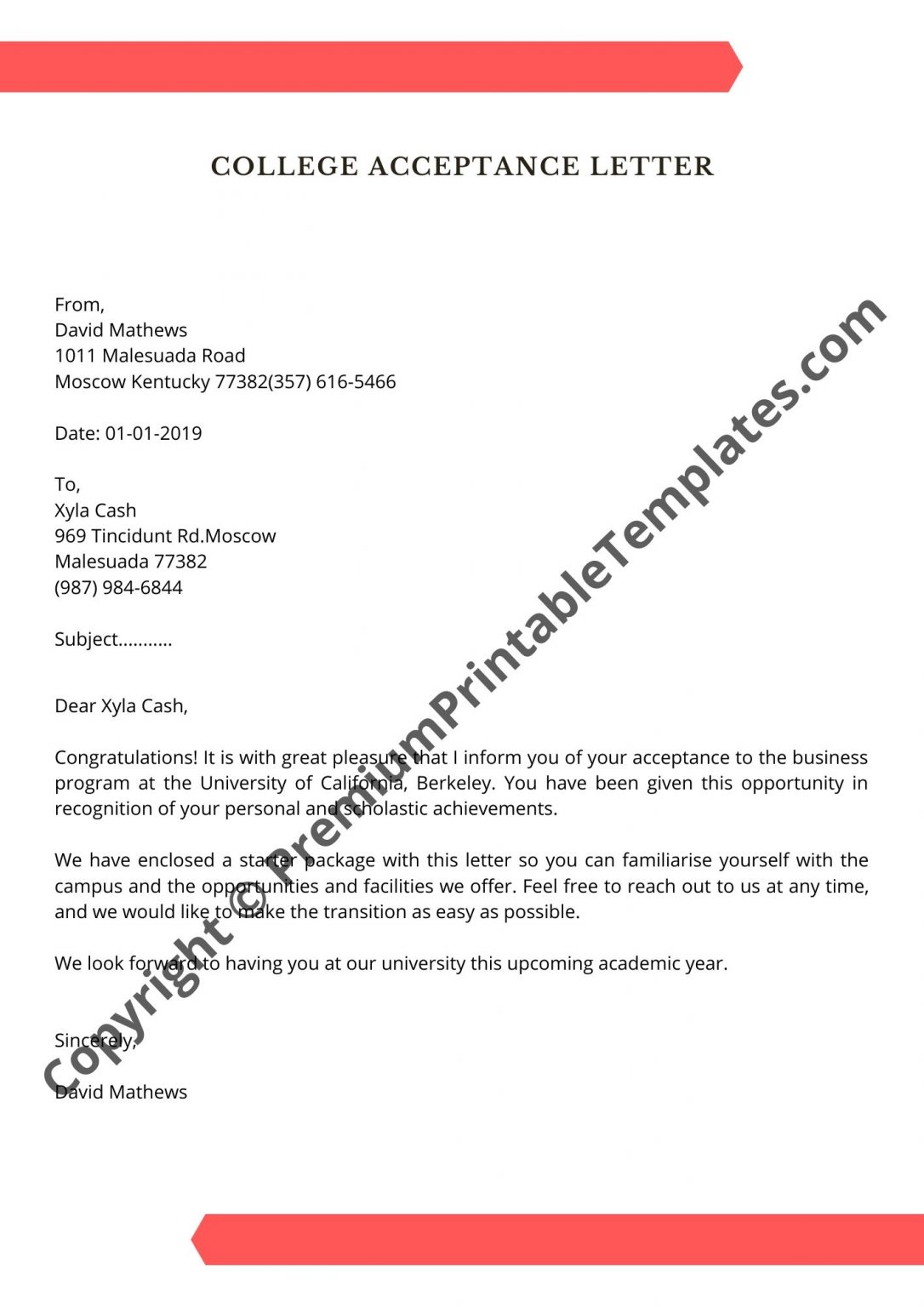 College Acceptance Letter Printable Sample with Examples