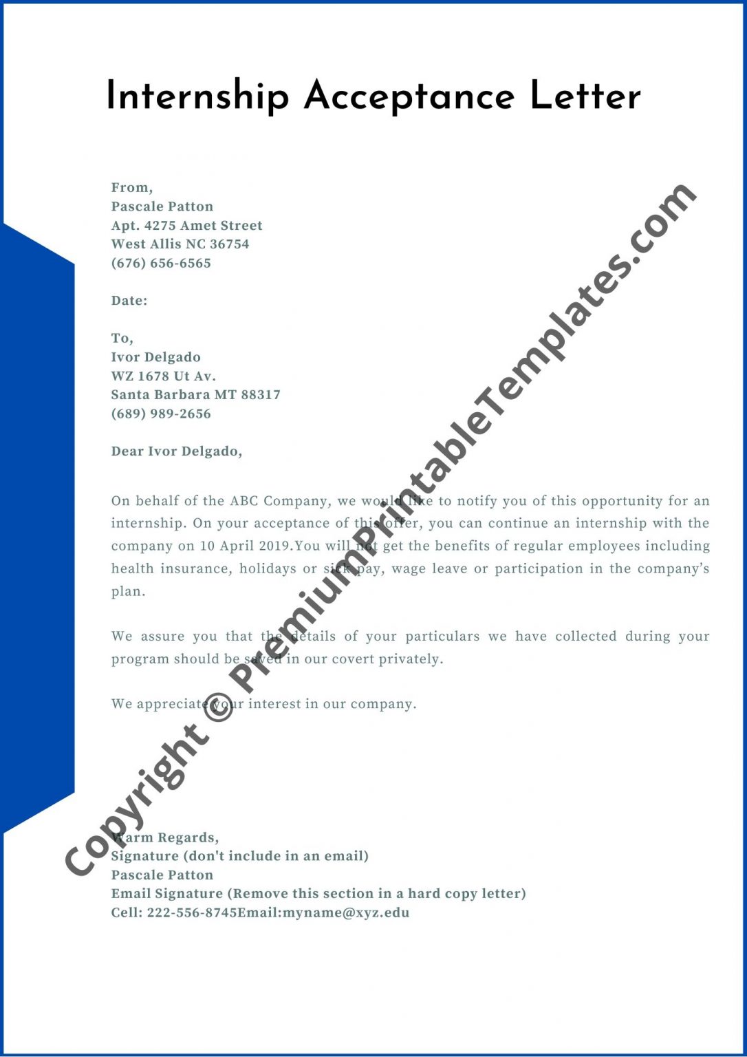 Internship Acceptance Letter Editable Premium Printable Templates