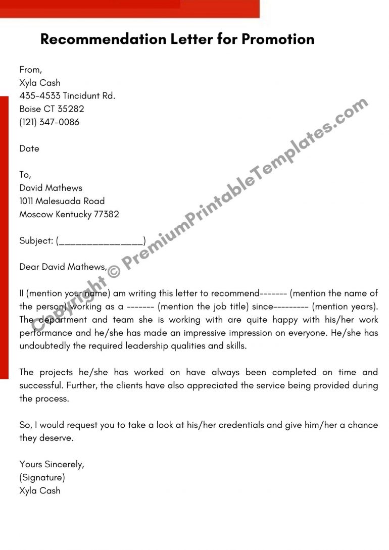 Recommendation Letter for Promotion Printable Sample Examples