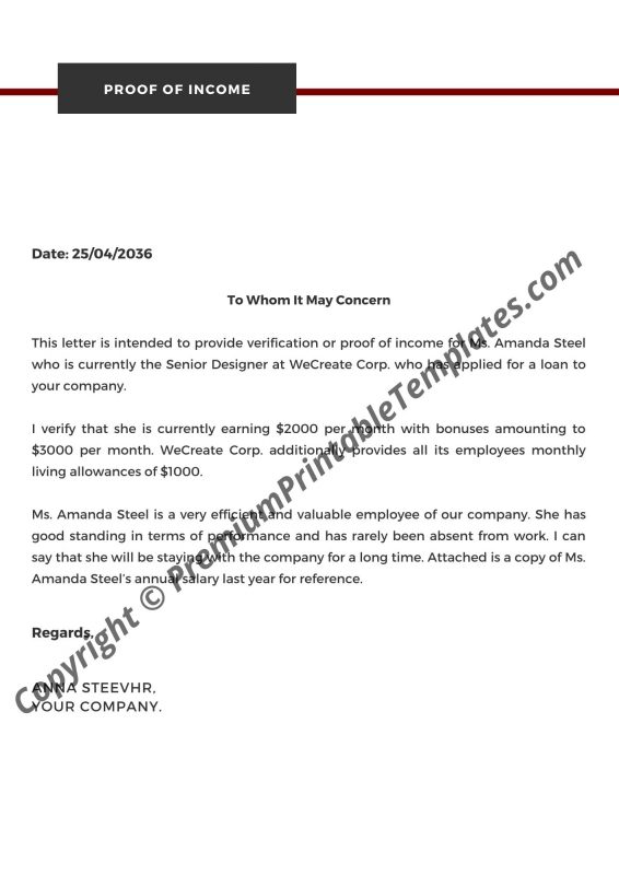 Proof of Income Letter | Editable | PDF - Premium Printable Templates