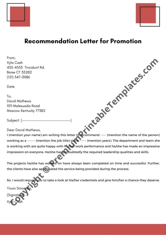 Recommendation Letter for Promotion Printable Sample Examples