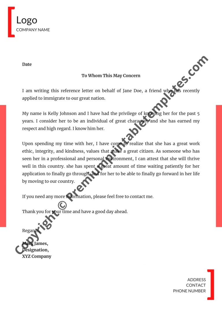 Character Reference Letter Sample Template in PDF | Editable