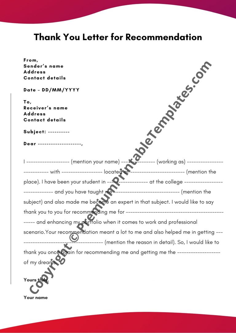 Thank You Letter for Recommendation Printable Sample Examples