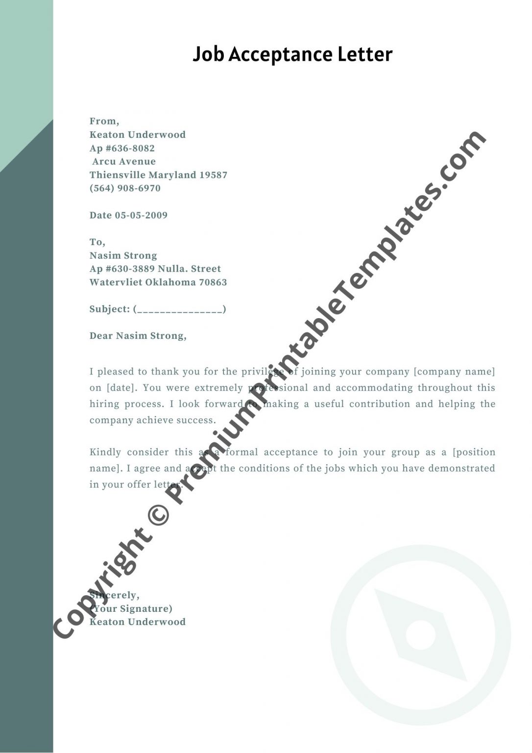 Job Acceptance Letter in PDF and Word | Editable