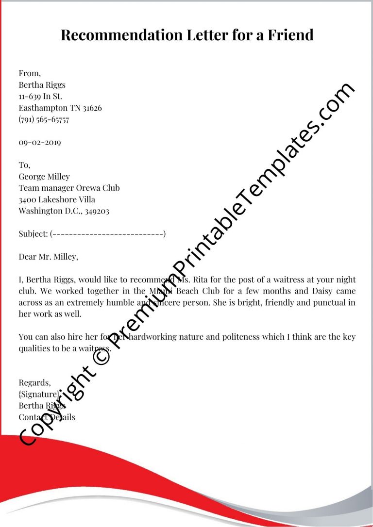 Letter of Recommendation for a Friend Printable Sample Examples