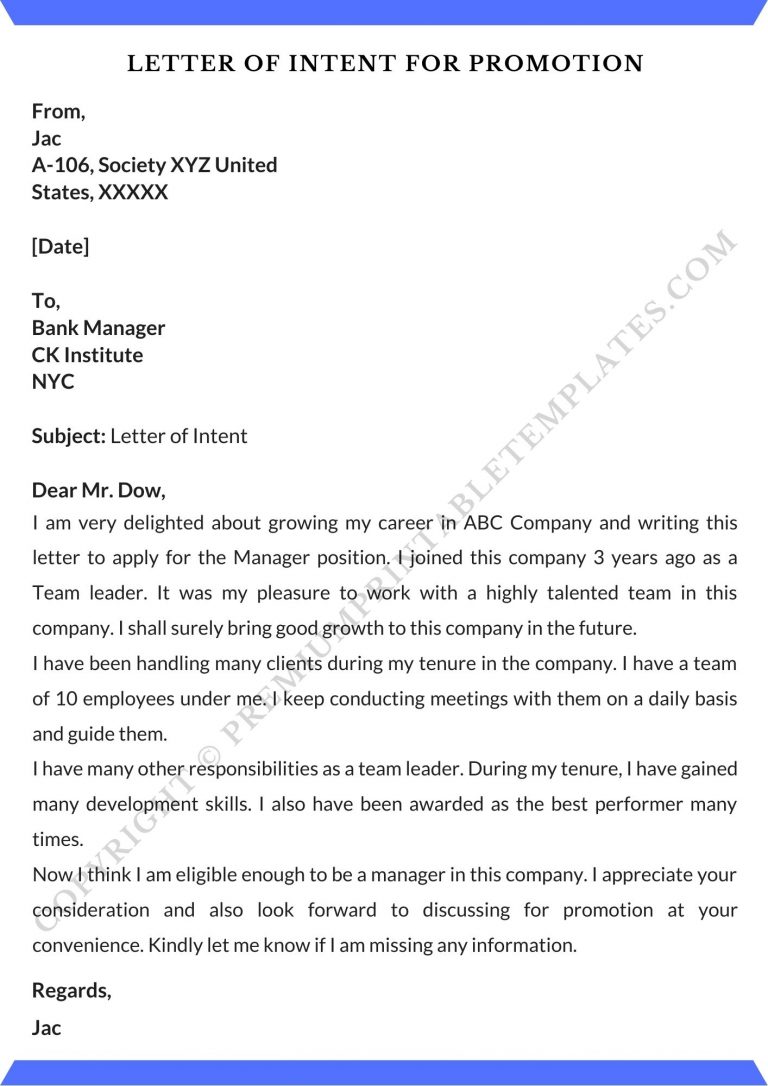 Letter of Intent for Promotion Printable Sample with Examples