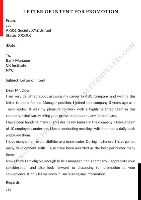 Letter of Intent for Promotion Printable Sample with Examples