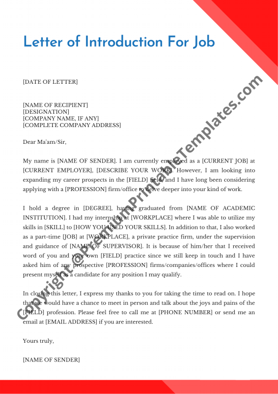 Letter of Introduction Blank Printable Template PDF, Word