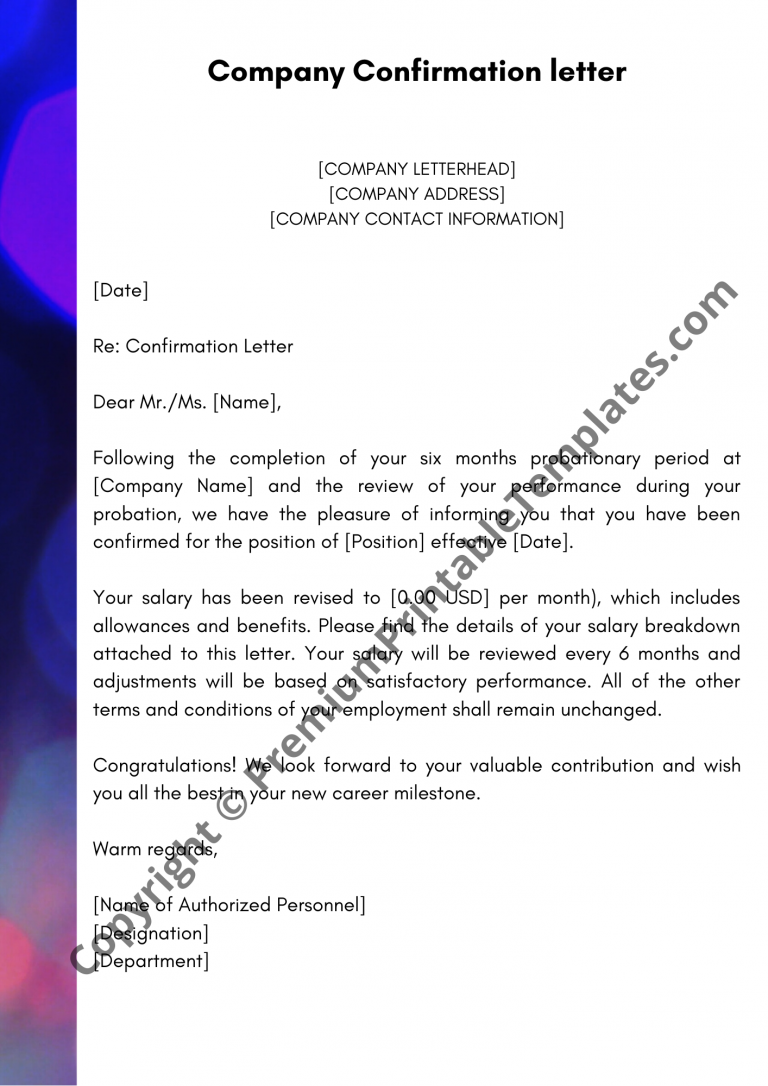 Confirmation Letter Printable Sample with Examples