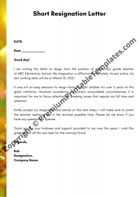 Short Resignation Letter Printable Sample with Examples