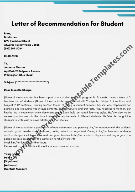 Letter of Recommendation for Student Printable Sample Examples