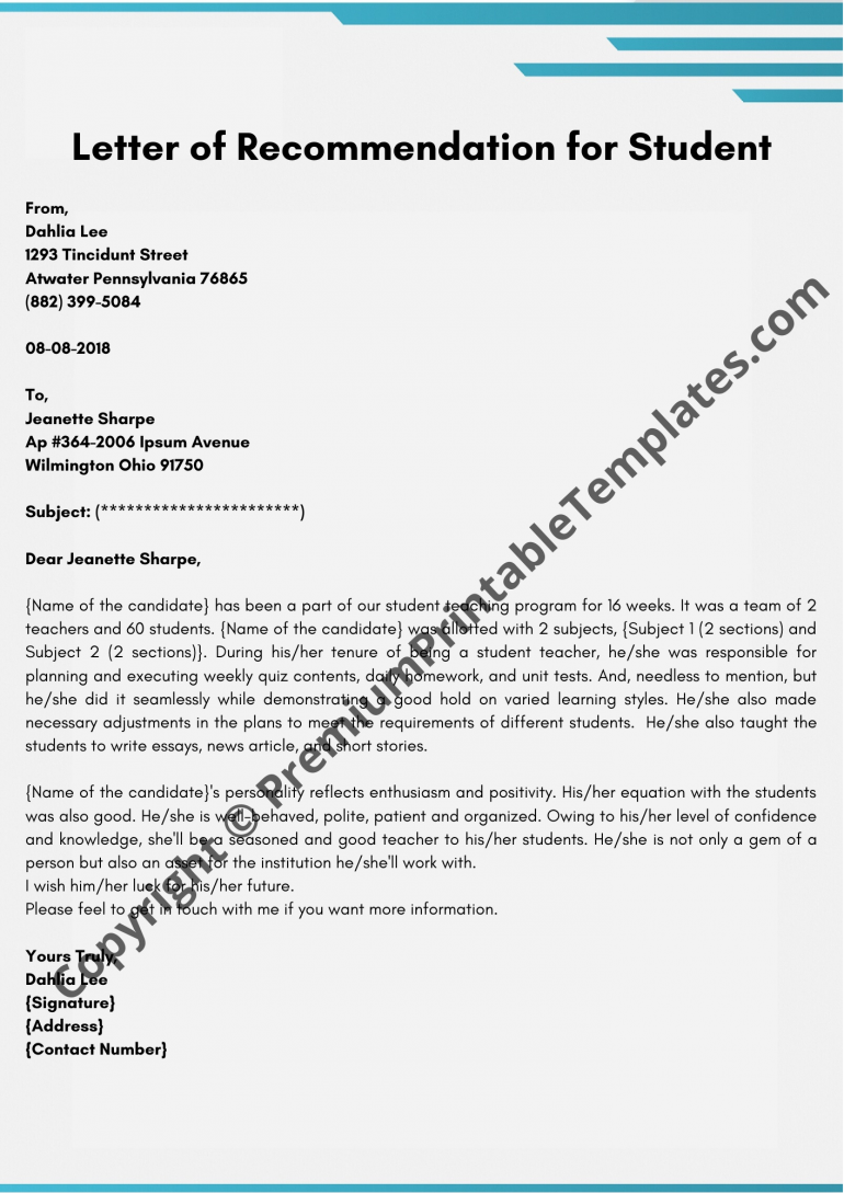 Letter of Recommendation for Student Printable Sample Examples