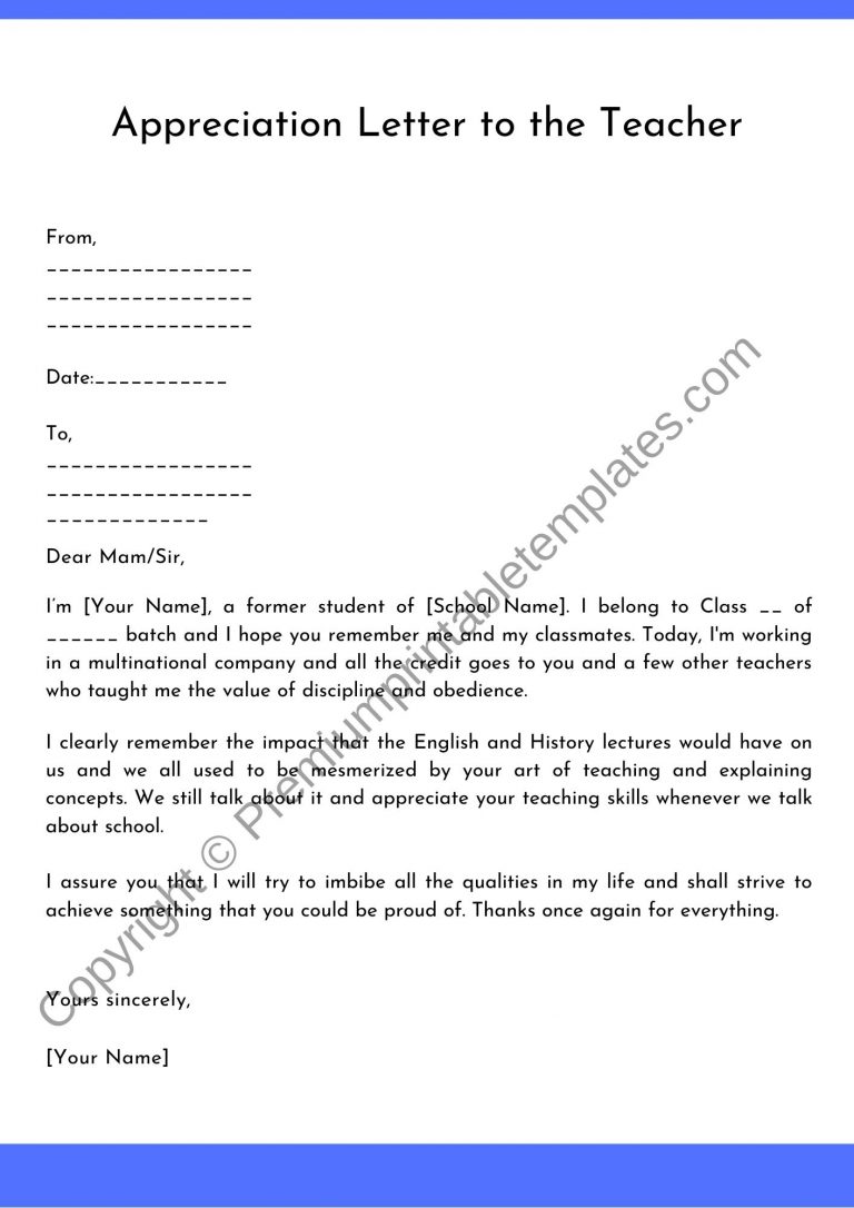 Appreciation Letter to a Teacher Printable Template- PDF & Word [Pack of 5]