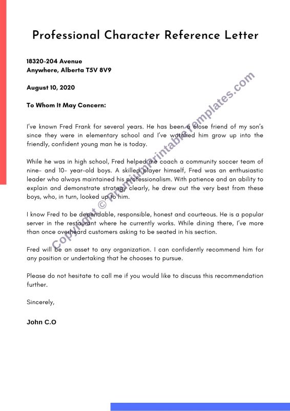 Professional Character Reference Letter- PDF & Word (Pack of 5)