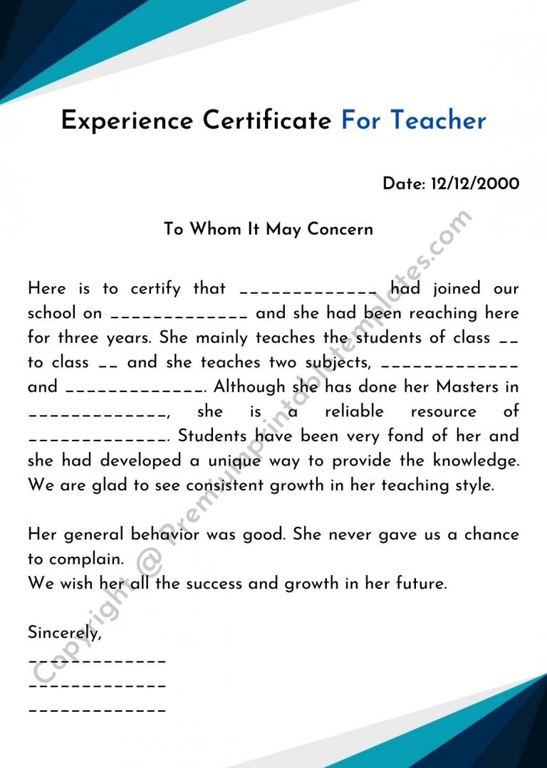 Experience Certificate For Teacher PDF And Editable Word Pack Of 5 