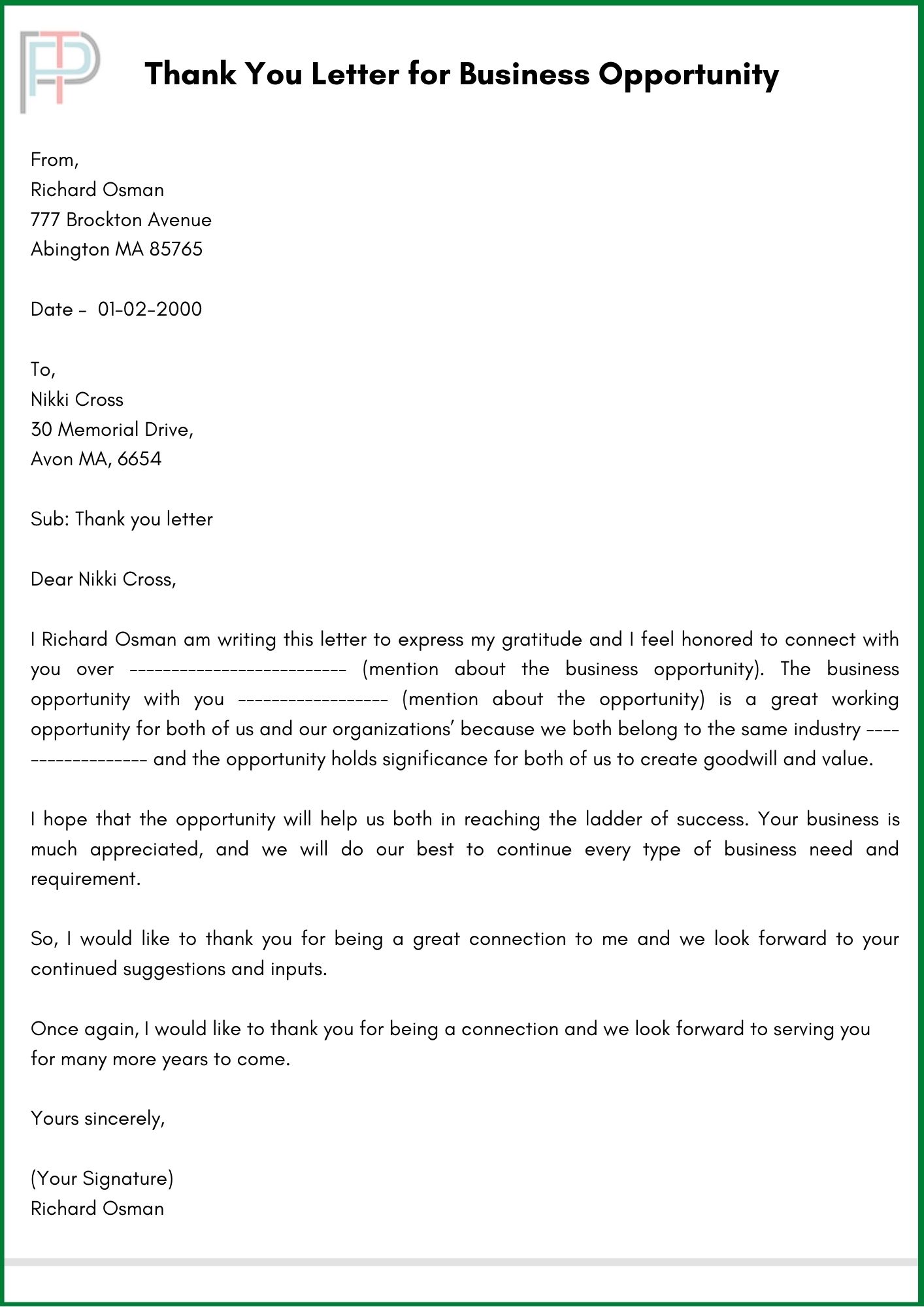 Thank You Letter For Business Opportunity Premium Printable Templates