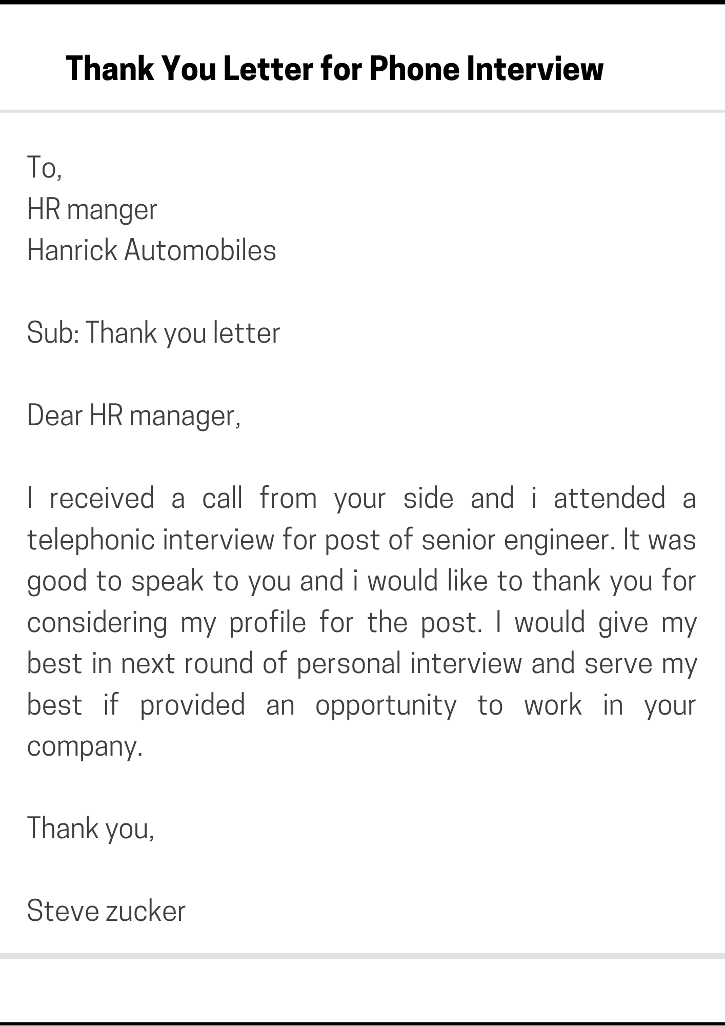 Thank You Letter For Phone Interview Premium Printable Templates