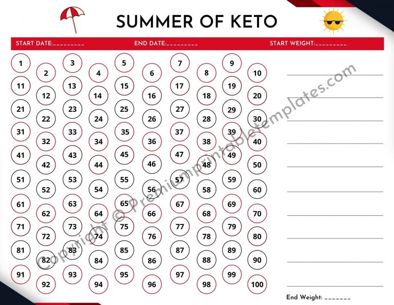 Summer 100 Days of Keto Tracker, Planner - Premium Printable Templates