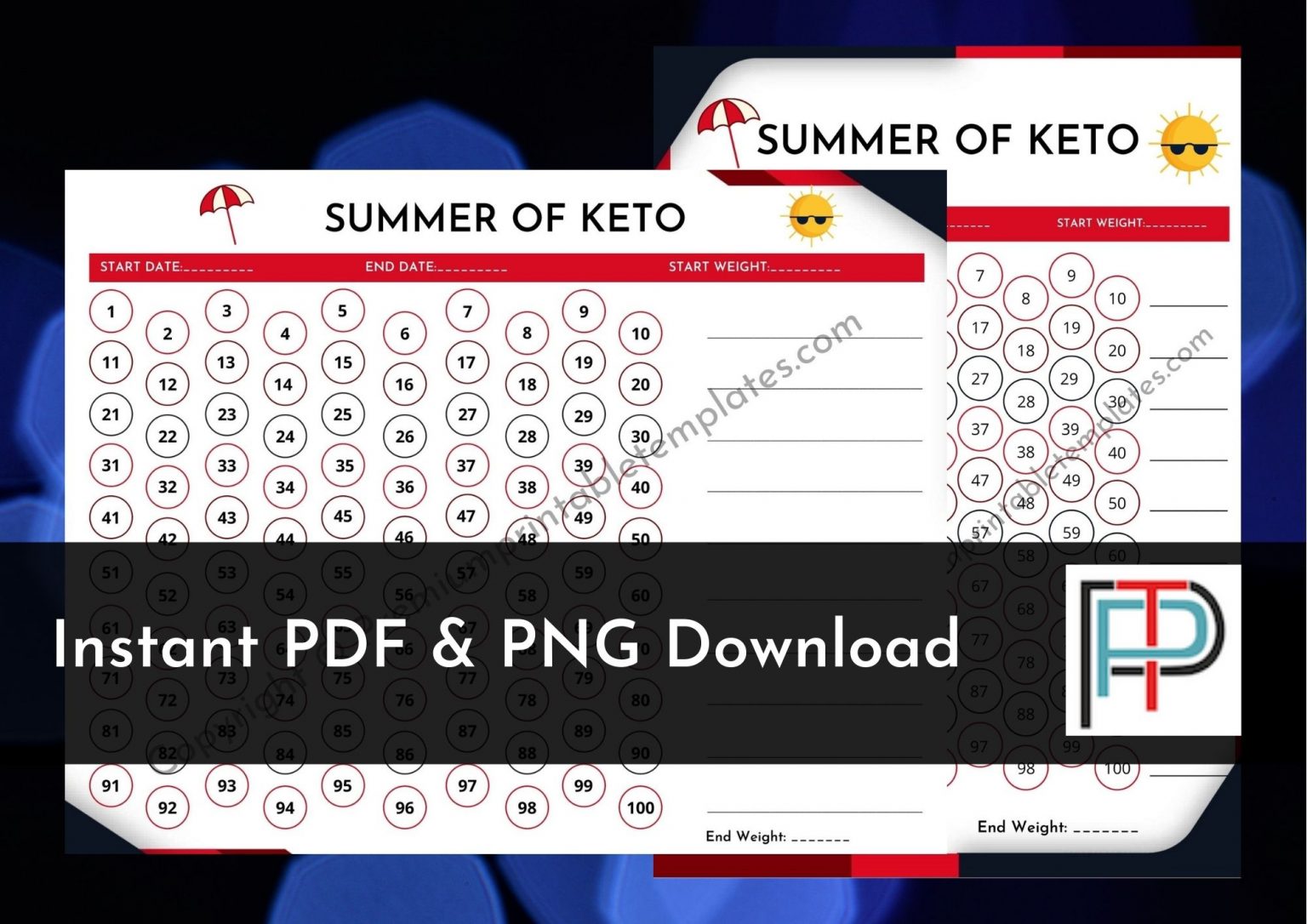 Summer 100 Days of Keto Tracker, Planner - Premium Printable Templates