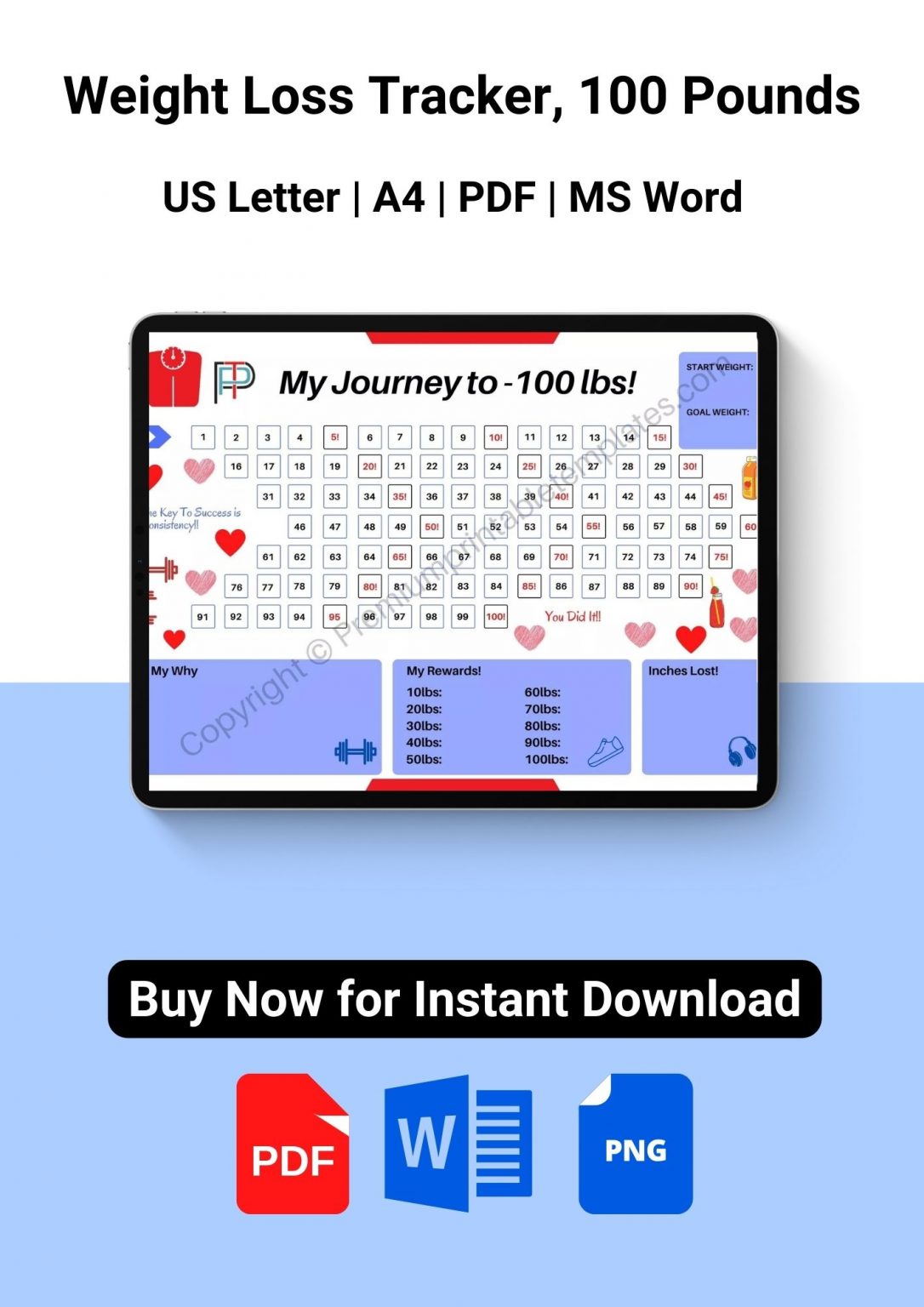 Printable Weight Loss Tracker, 100 Pounds - Premium Printable Templates