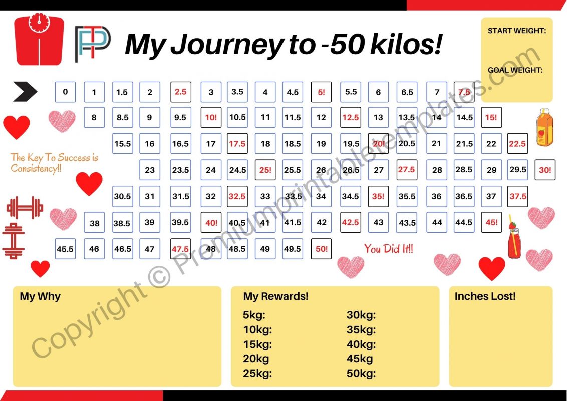 Printable Weight Loss Tracker, 50 Kilograms - Premium Printable Templates
